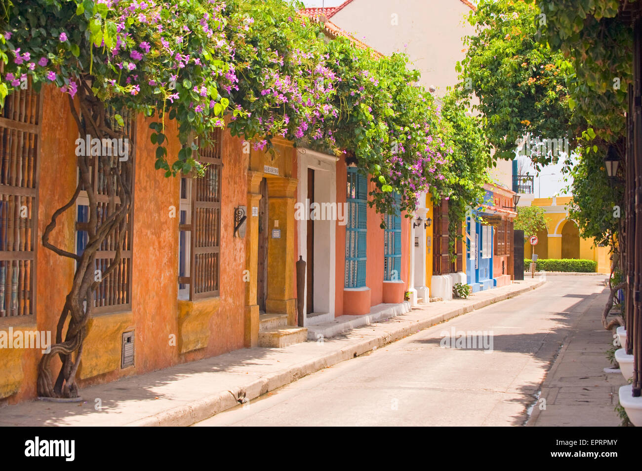A typical and pretty flower covered street in Cartagena, Colombia ...