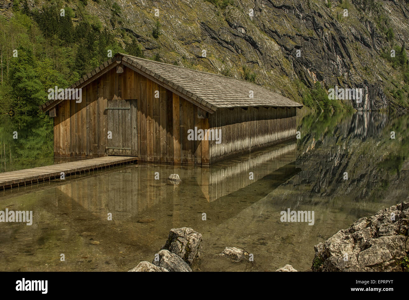 Boat dock, hangar at Obersee Berchtesgaden, Germany, Bavaria Stock ...