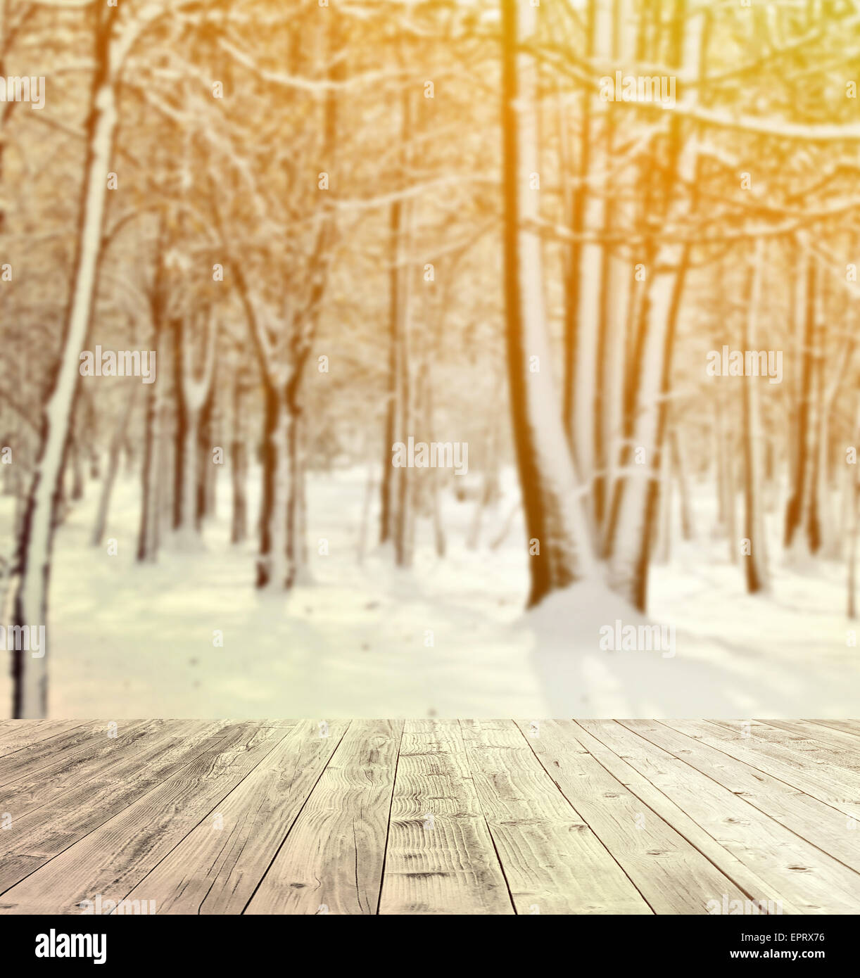 Winter forest and wooden floor Stock Photo - Alamy