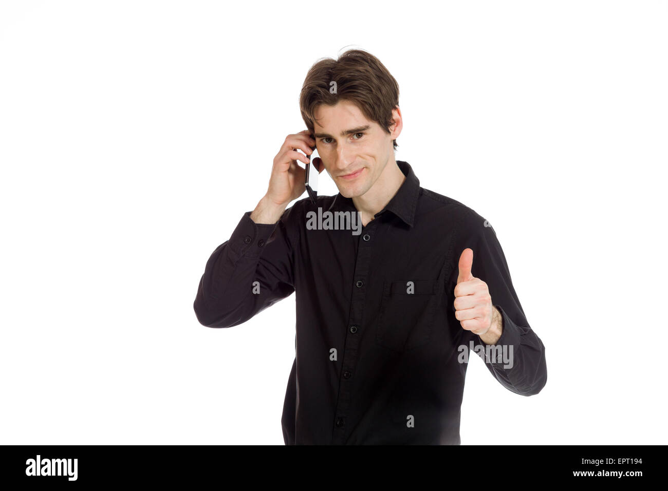 Model isolated on plain background in studio with tumbs up Stock Photo ...