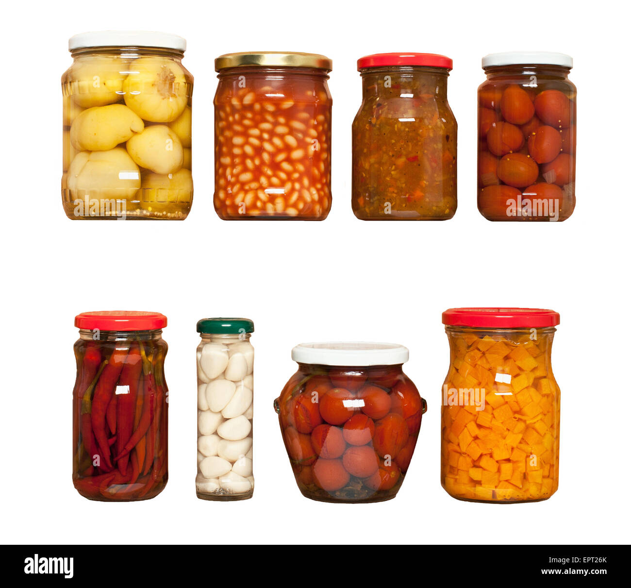 Preserved vegetable carrots tomatoes, garlic, chilli, beans on white ...