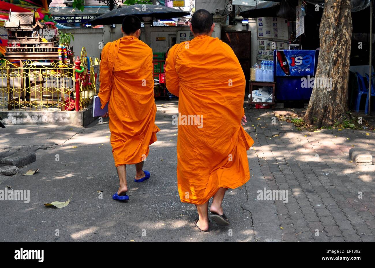 Bangkok, Thailand: Two Thai monks walking along a pathway at Wat ...