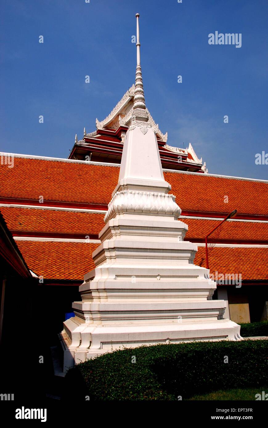 Bangkok, Thailand: White, stepped stupa with spiral ringed spire at Wat ...