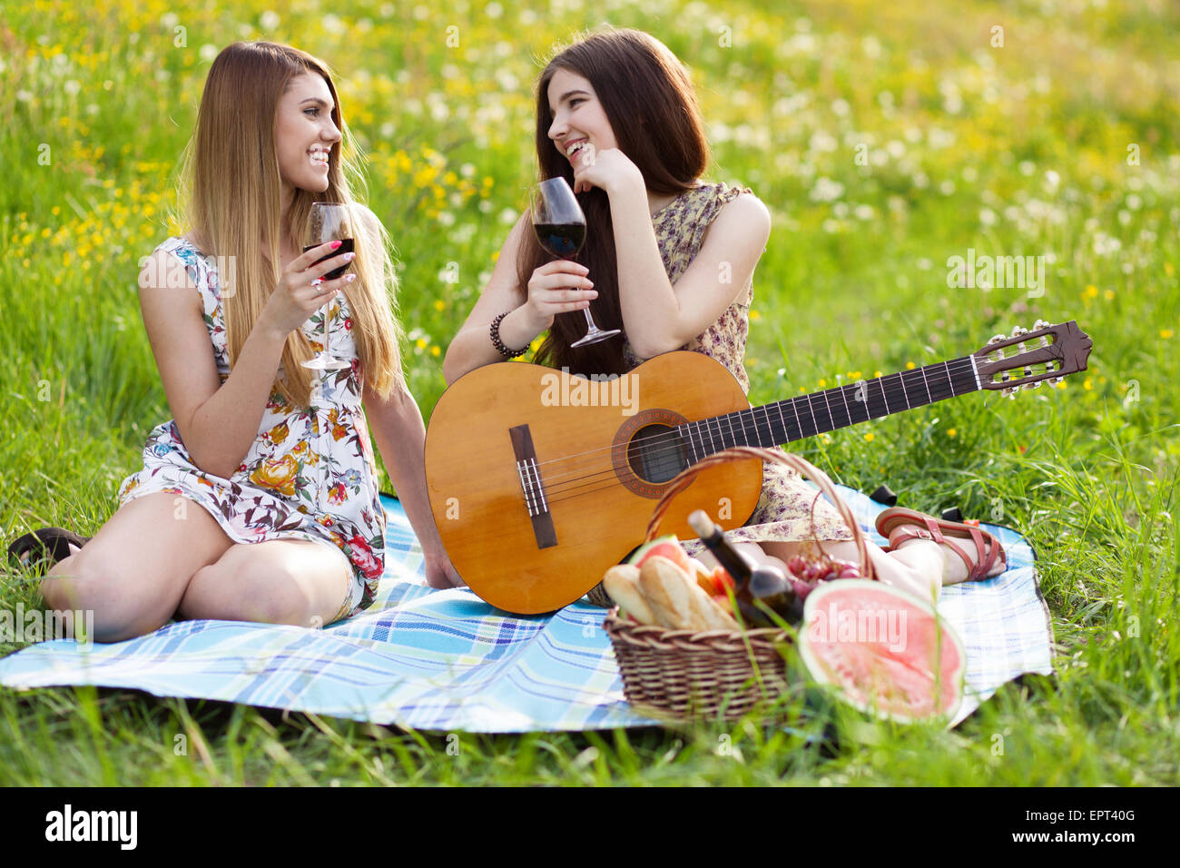 Two beautiful young women on a picnic Stock Photo - Alamy