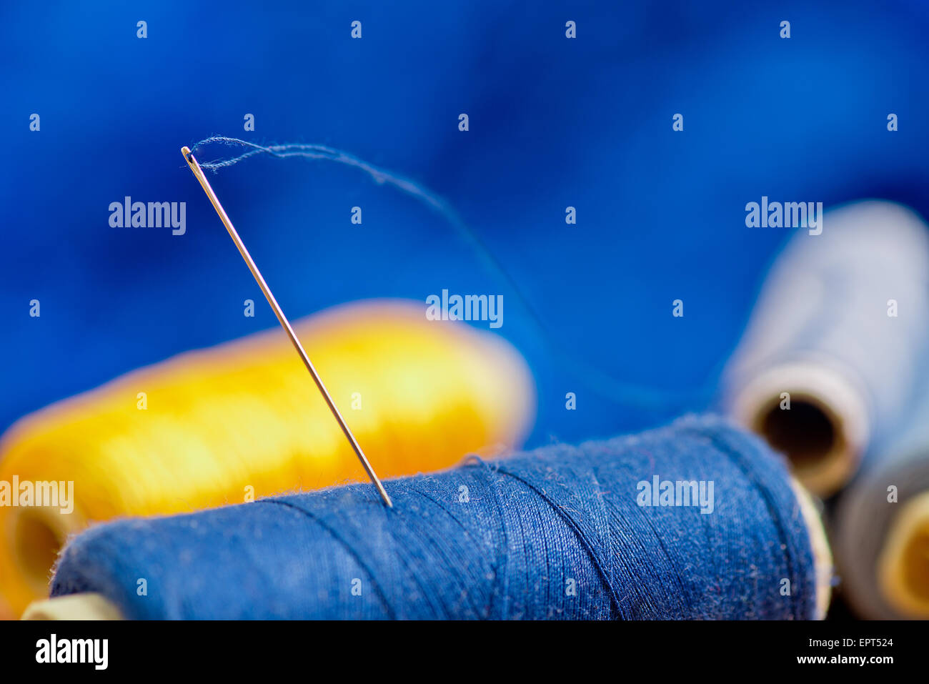 needle and blue and yellow thread on the blue background Stock Photo ...