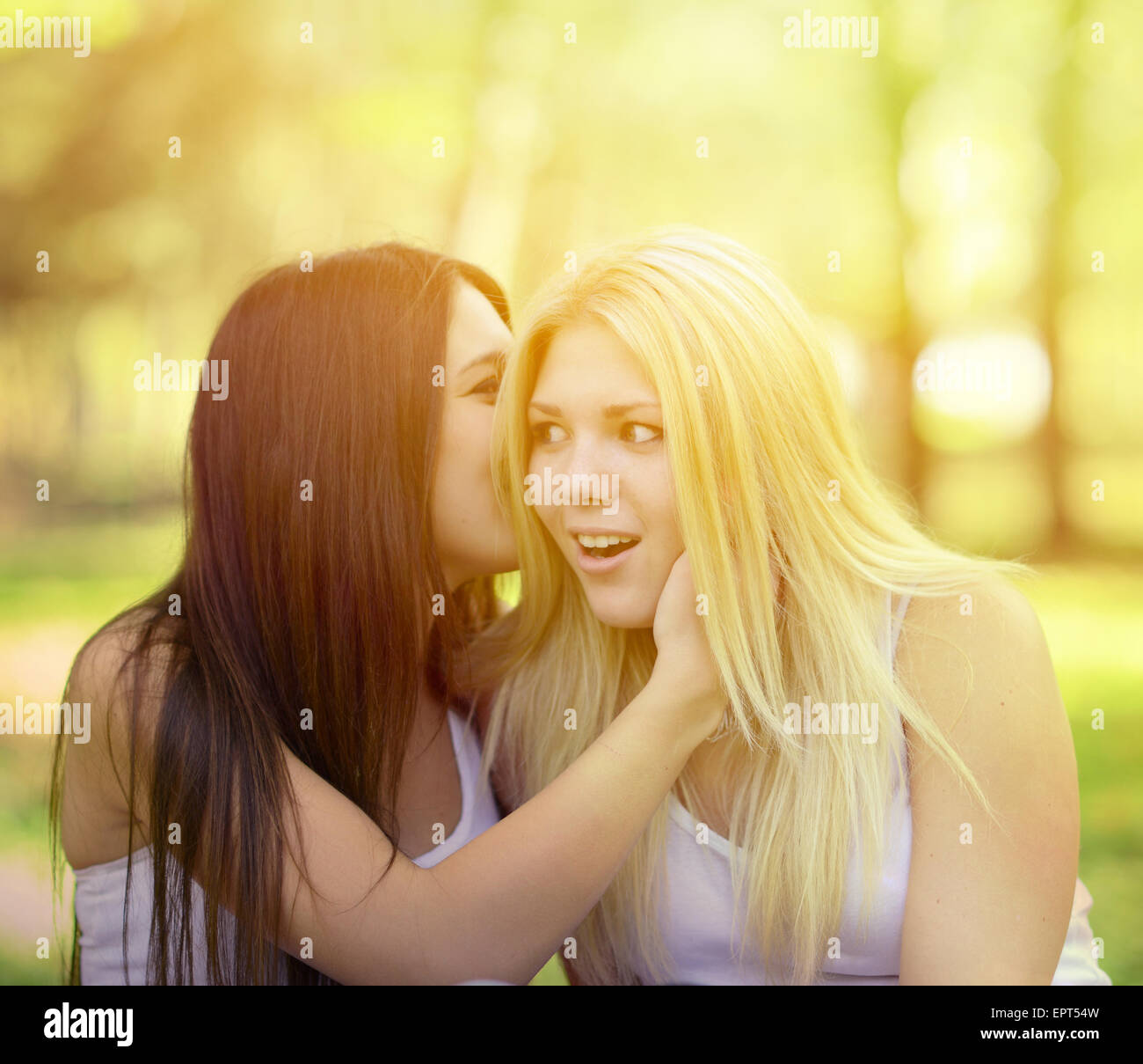 Two girl friends whispering secrets outdoors Stock Photo - Alamy