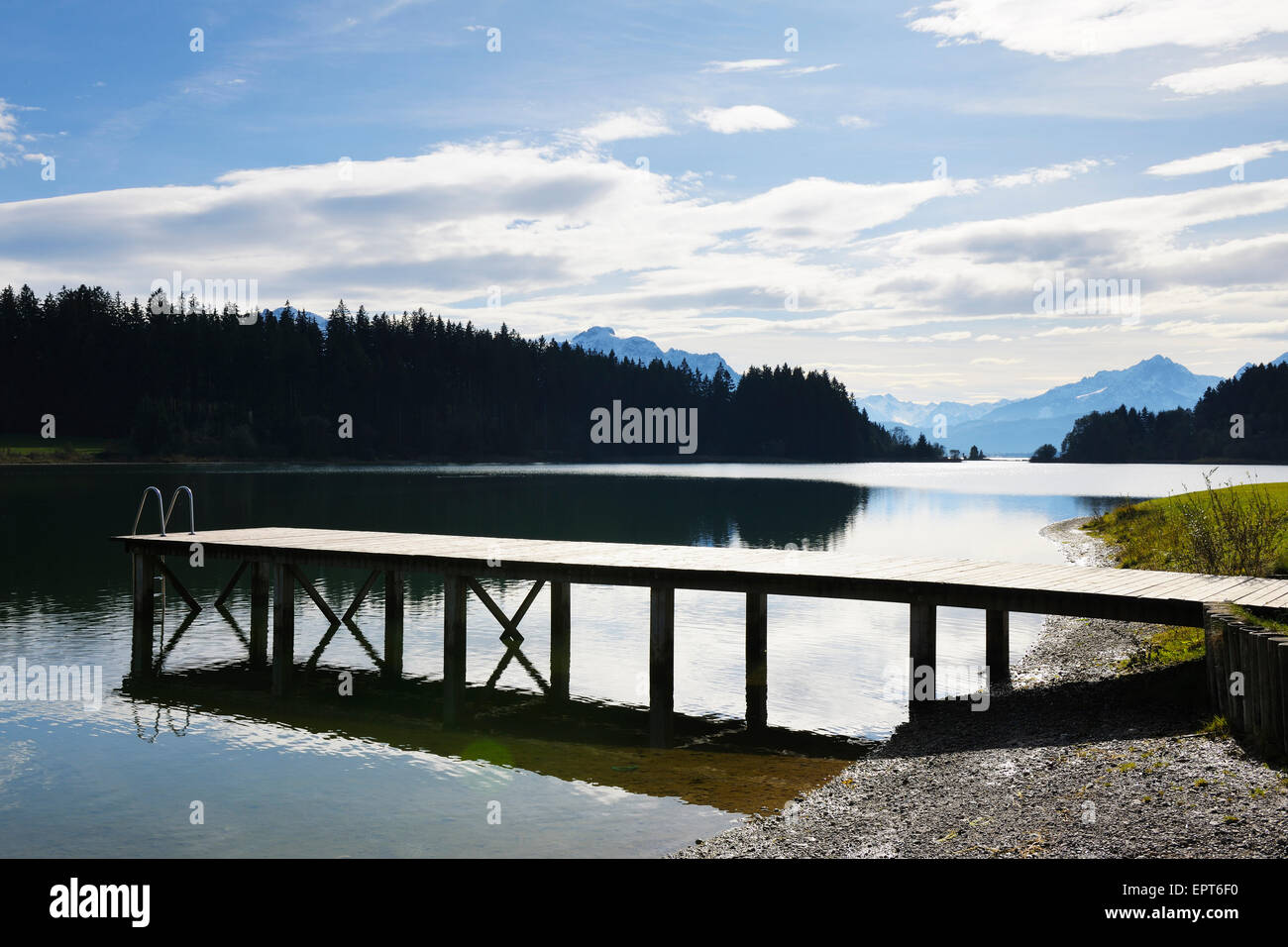 Wooden Jetty in Lake, Illasbergsee, Halblech, Bavaria, Germany Stock ...