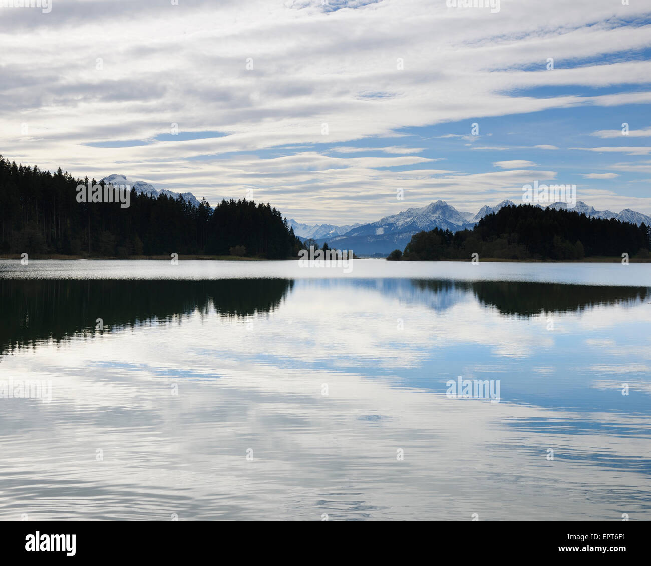 Lake with Mountain Range, Illasbergsee, Halblech, Bavaria, Germany ...
