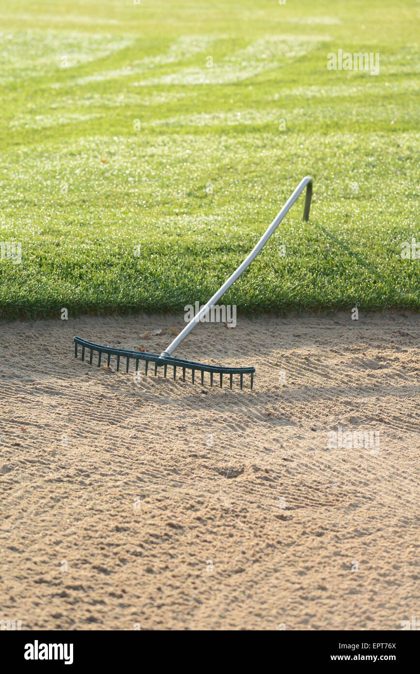 Rake lying on the Ground of Sand Trap on Golf Course in Autumn, Bavaria ...