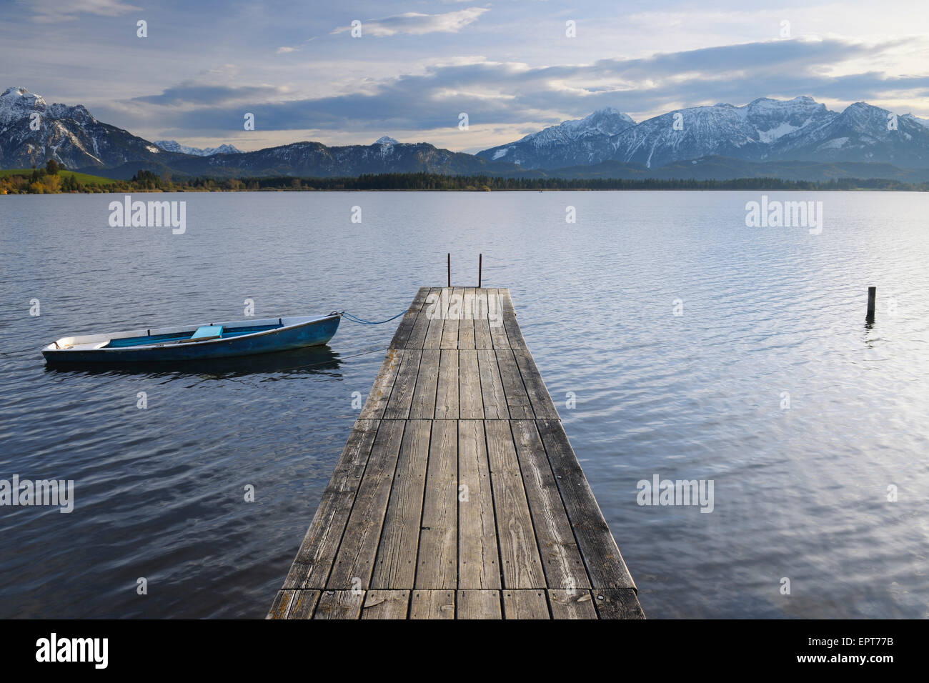 Wooden Jetty with Rowboat, Hopfen am See, Lake Hopfensee, Bavaria ...