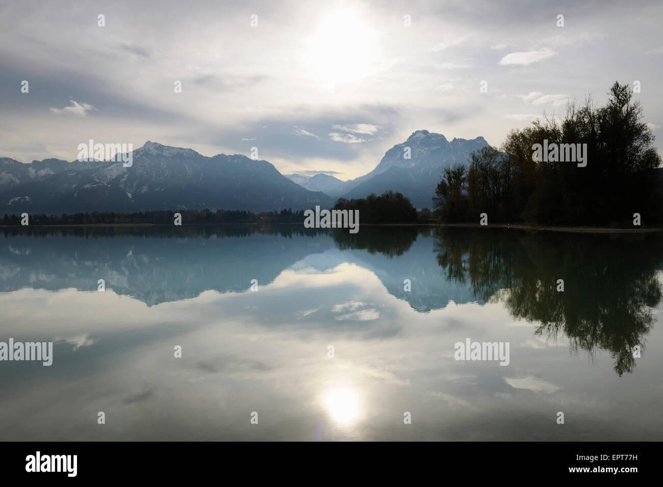 Scenic of Lake with Mountain Range in Autumn, Lake Forggensee, Fuessen ...