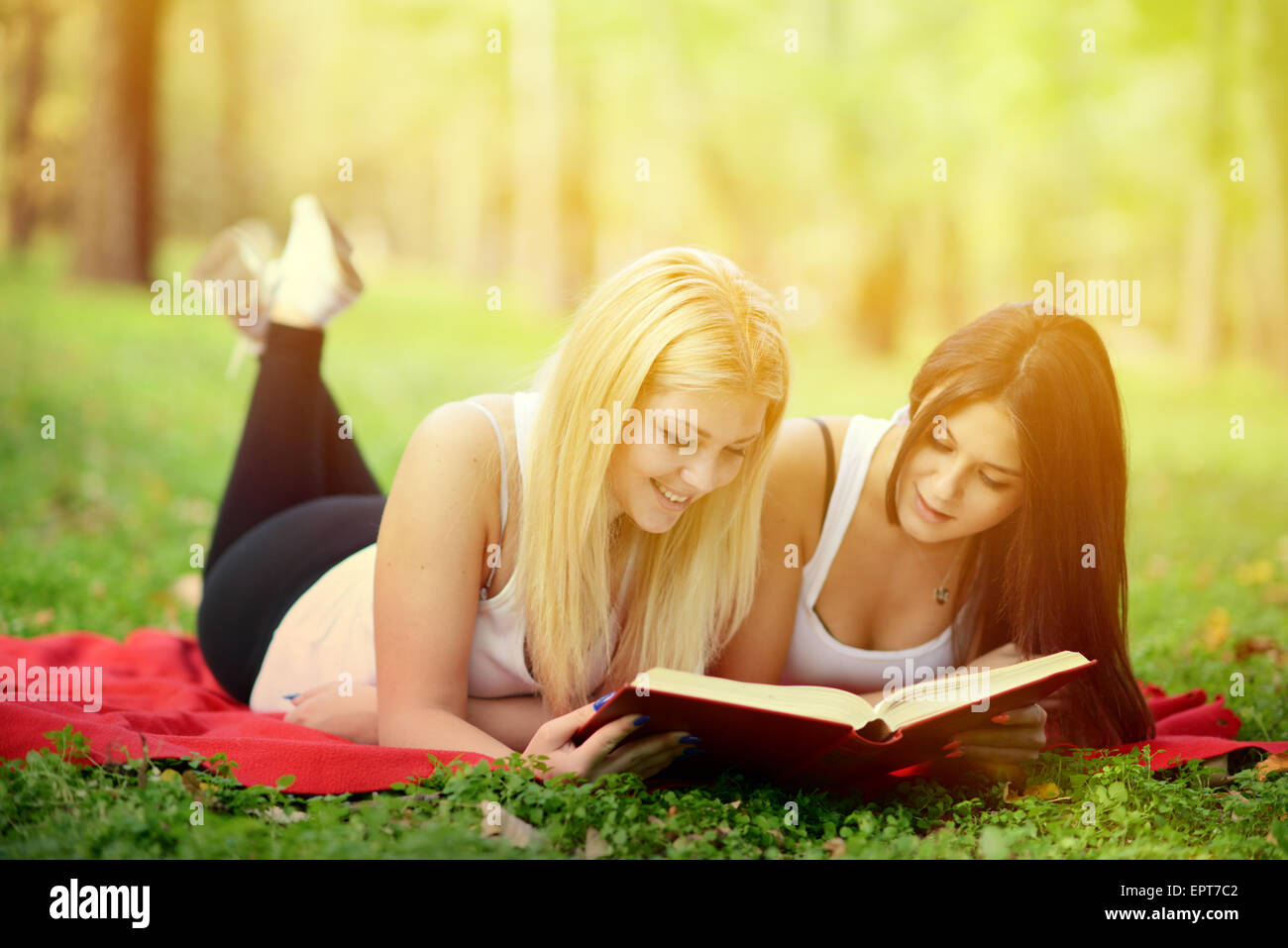 Two girls reading book in park Stock Photo - Alamy