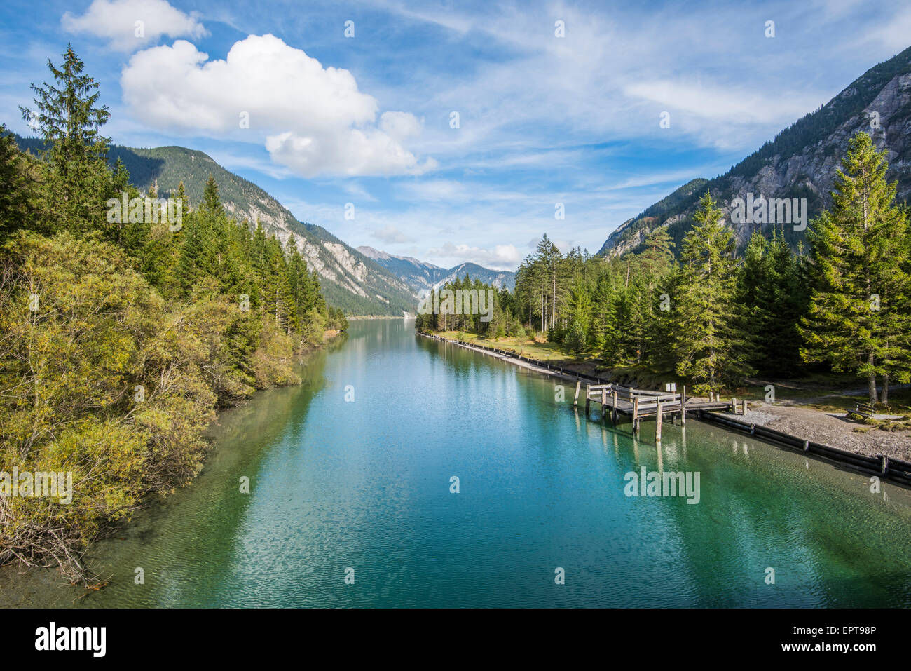 Landscape of a clear lake in autumn, Plansee, Tirol, Austria Stock ...