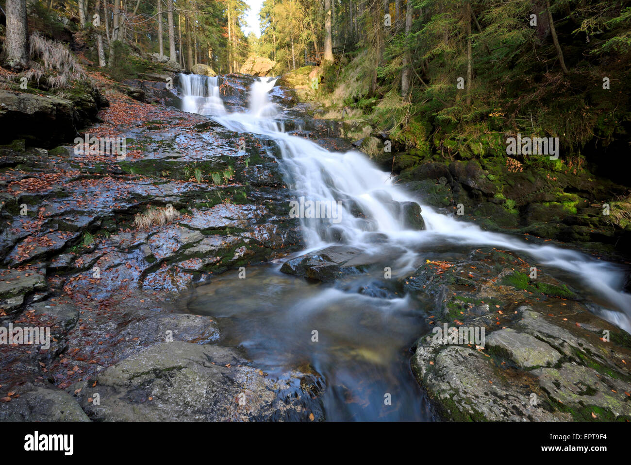 Scenic view of waterfall and stream in autumn, Bavarian Forest Natonal ...