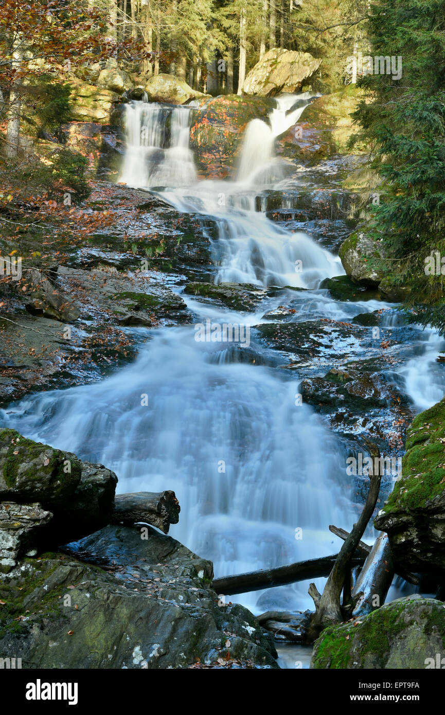 Scenic view of waterfall and stream in autumn, Bavarian Forest National ...