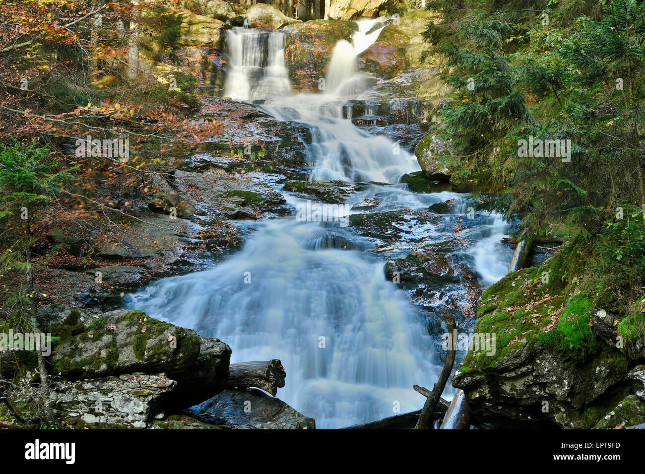 Scenic view of waterfall and stream in autumn, Bavarian Forest National ...