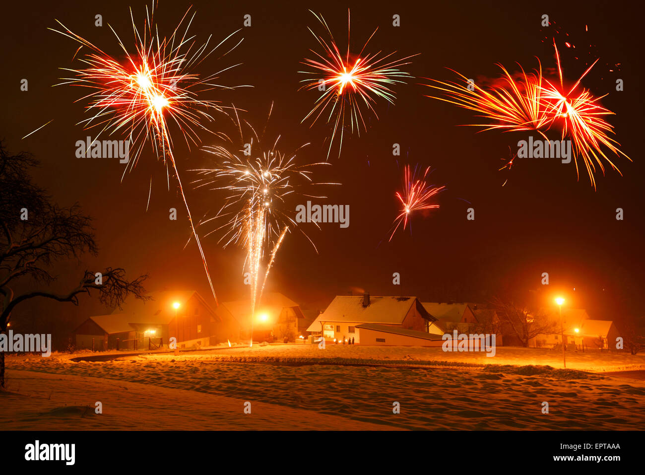 Celebrating New Year's Eve with Fireworks in Village, Bavaria, Germany ...