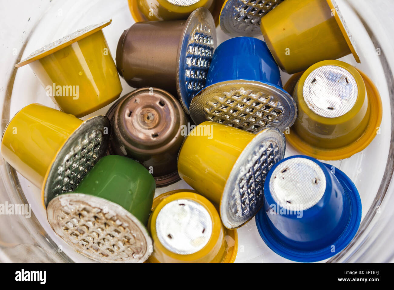 Spent or used empty Nespresso capsules, coffee capsules, aluminium ...