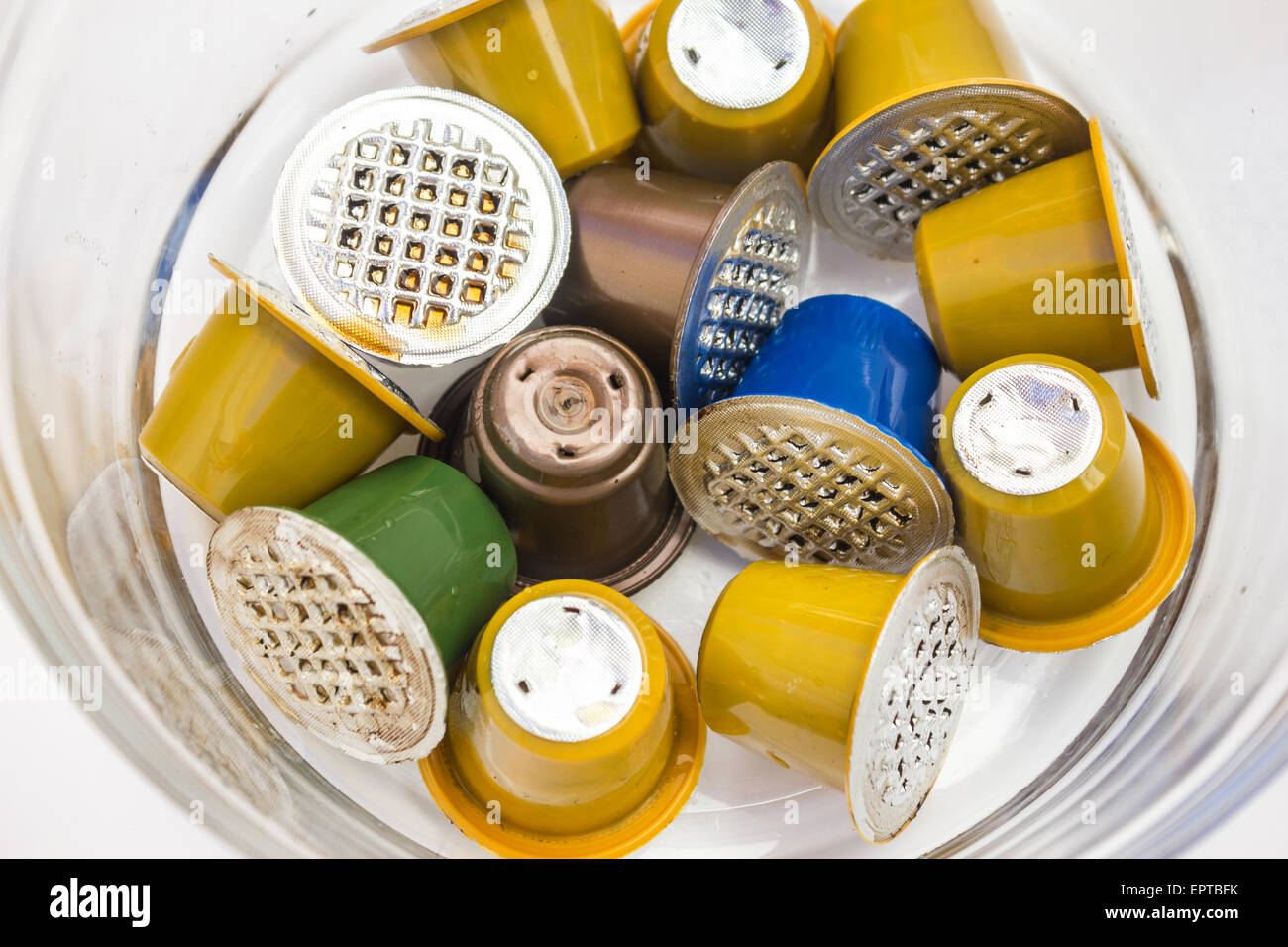 Spent or used empty Nespresso capsules, coffee capsules, aluminium ...