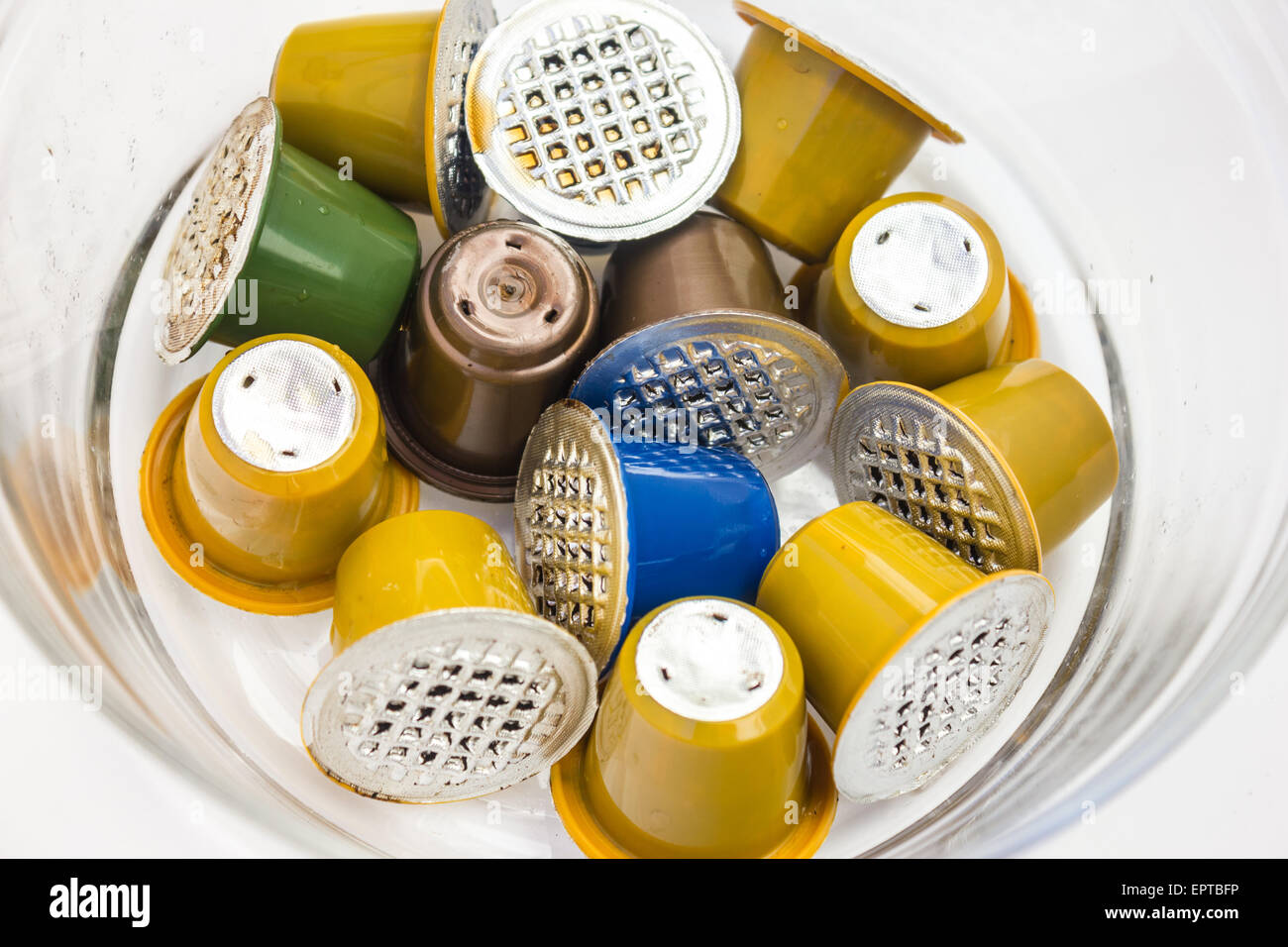 Spent or used empty Nespresso capsules, coffee capsules, aluminium ...