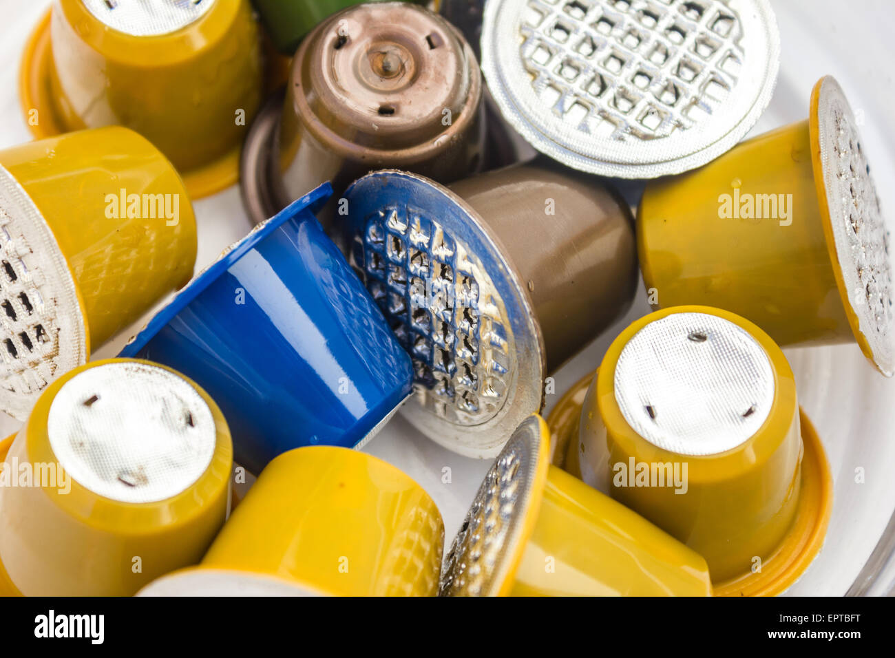 Spent or used empty Nespresso capsules, coffee capsules, aluminium ...