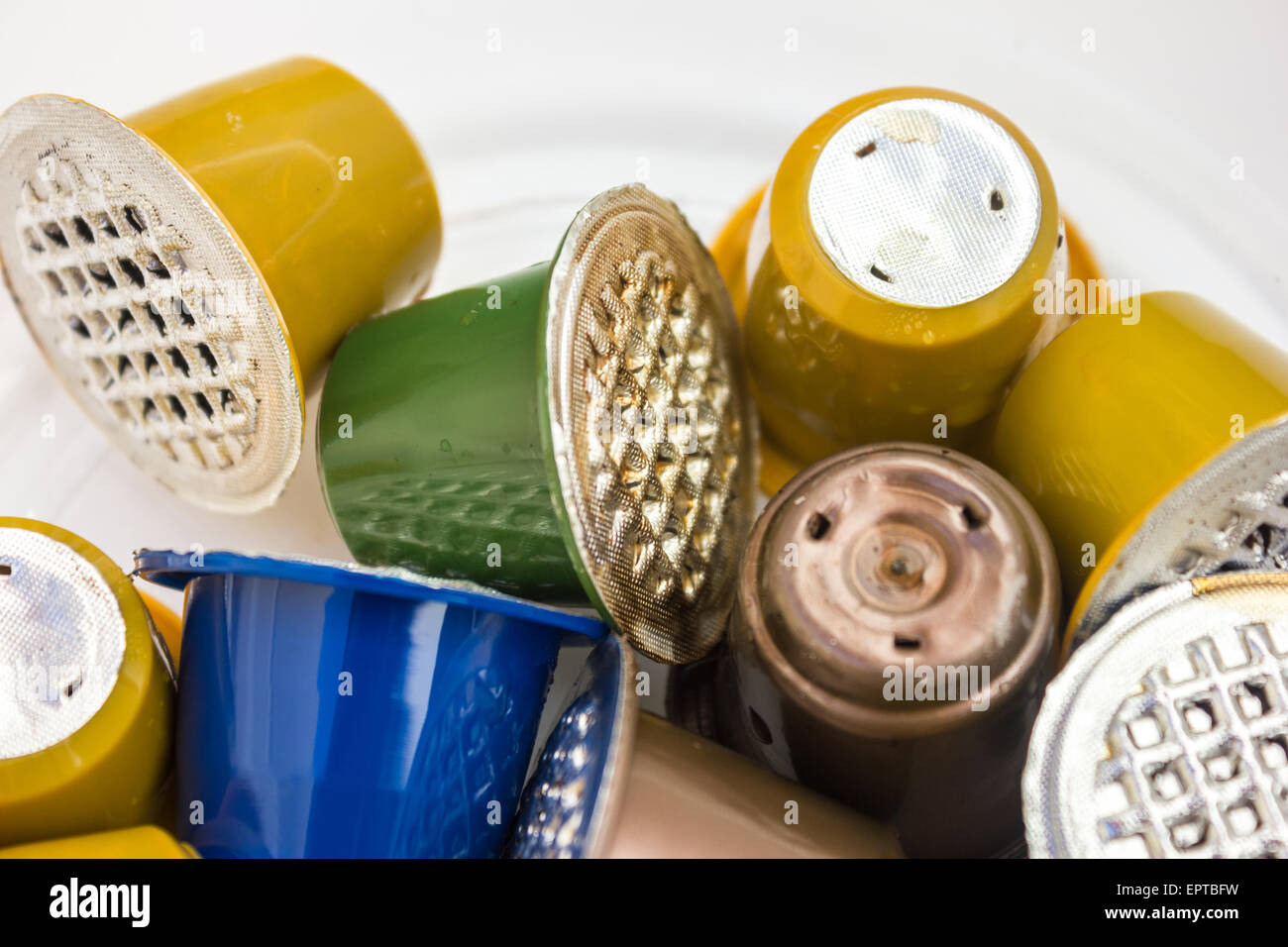 Spent or used empty Nespresso capsules, coffee capsules, aluminium ...