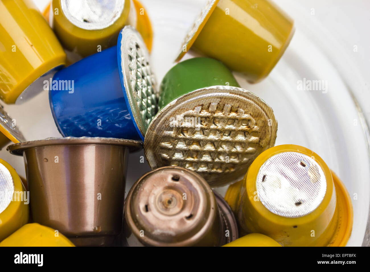 Spent or used empty Nespresso capsules, coffee capsules, aluminium ...