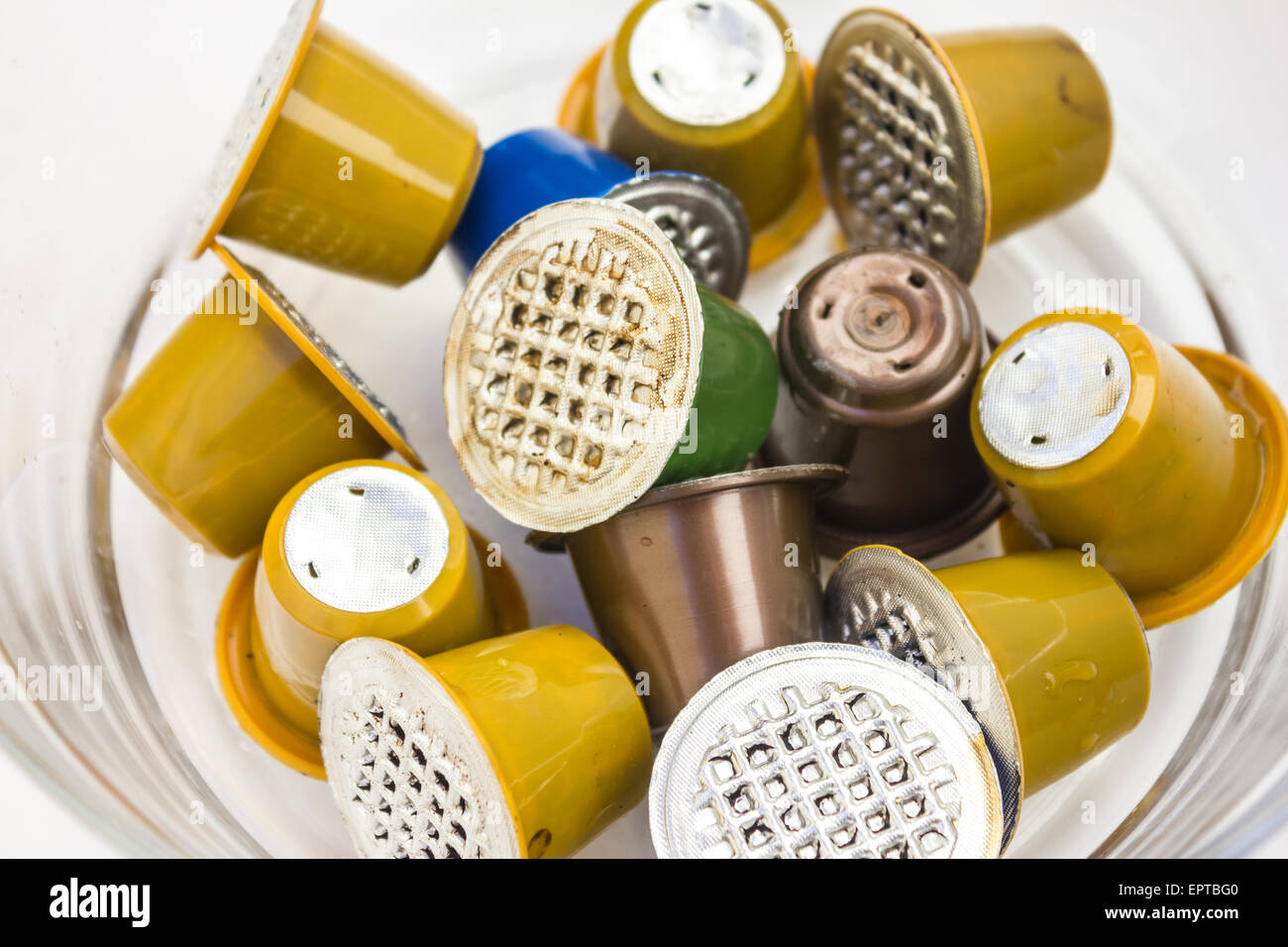 Spent or used empty Nespresso capsules, coffee capsules, aluminium ...