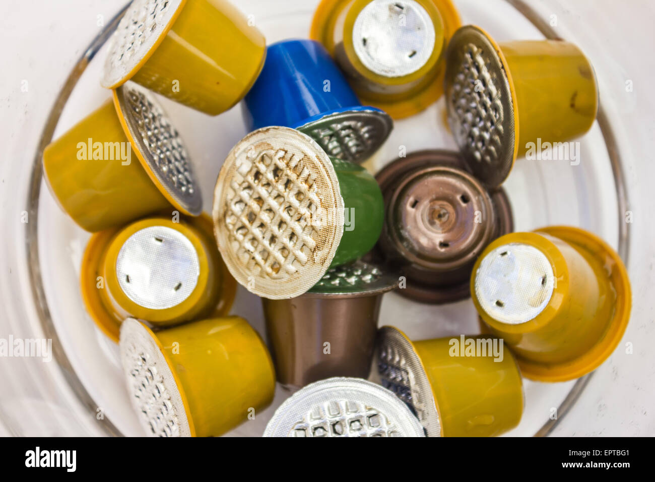 Spent or used empty Nespresso capsules, coffee capsules, aluminium ...