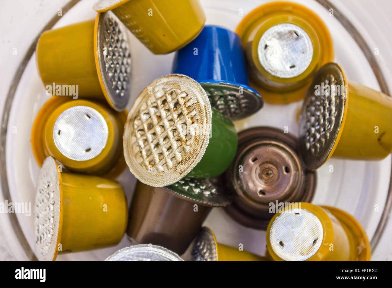 Spent or used empty Nespresso capsules, coffee capsules, aluminium ...