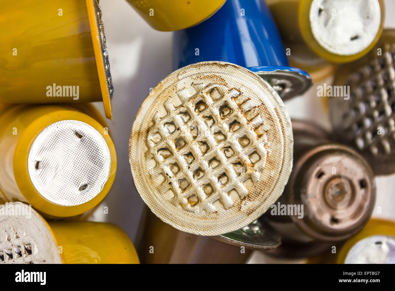 Spent or used empty Nespresso capsules, coffee capsules, aluminium ...