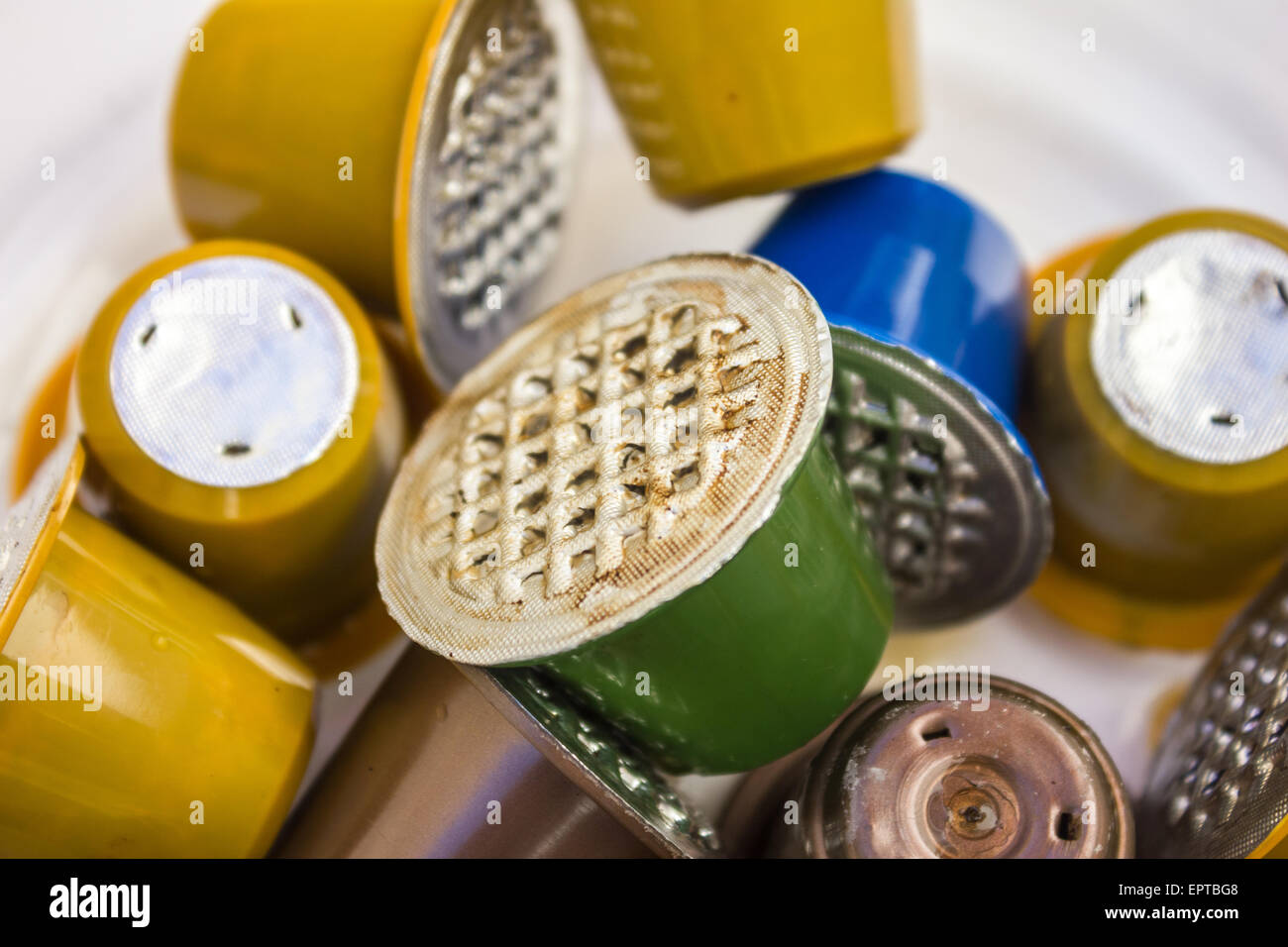 Spent or used empty Nespresso capsules, coffee capsules, aluminium ...