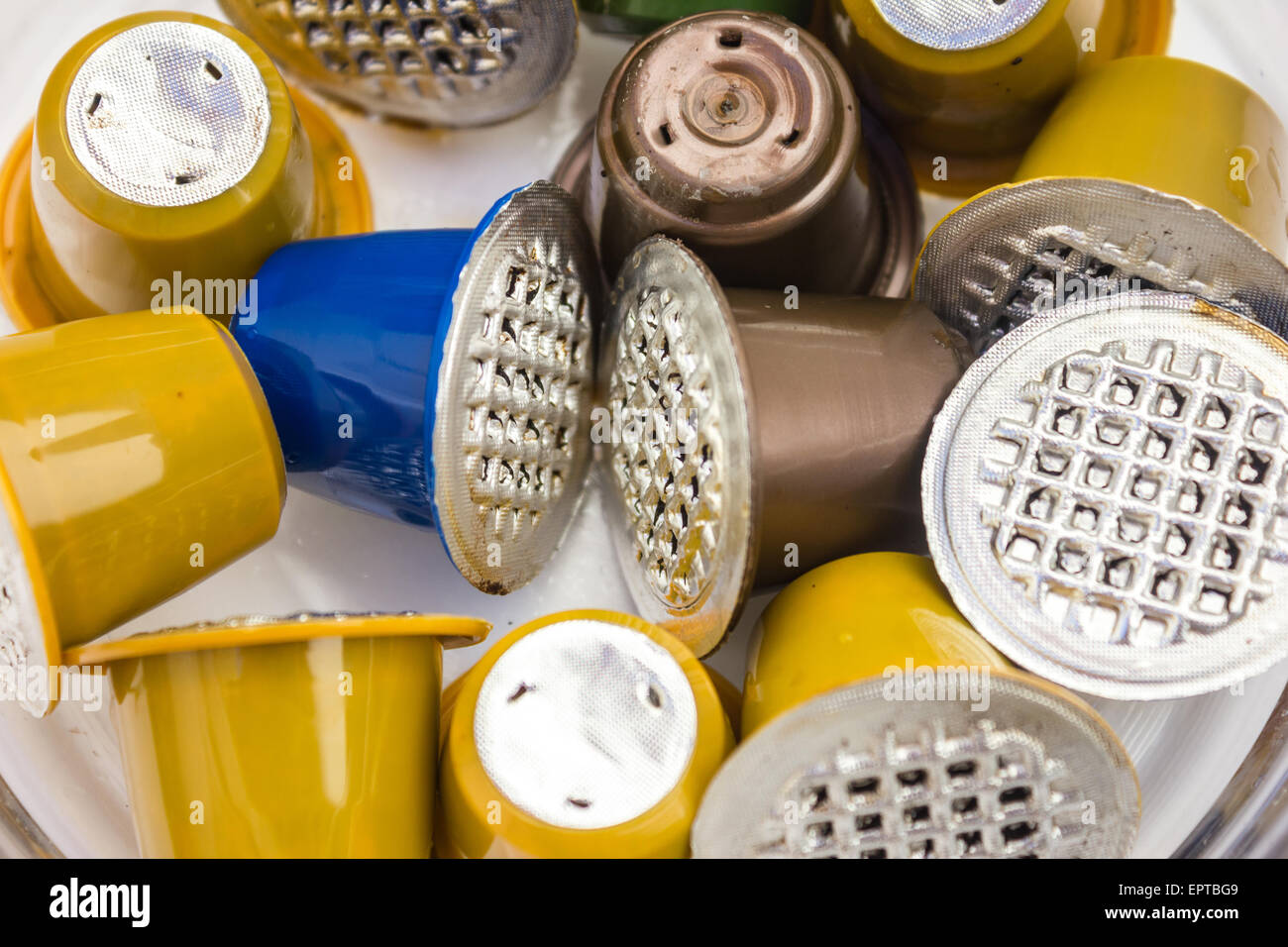 Spent or used empty Nespresso capsules, coffee capsules, aluminium ...