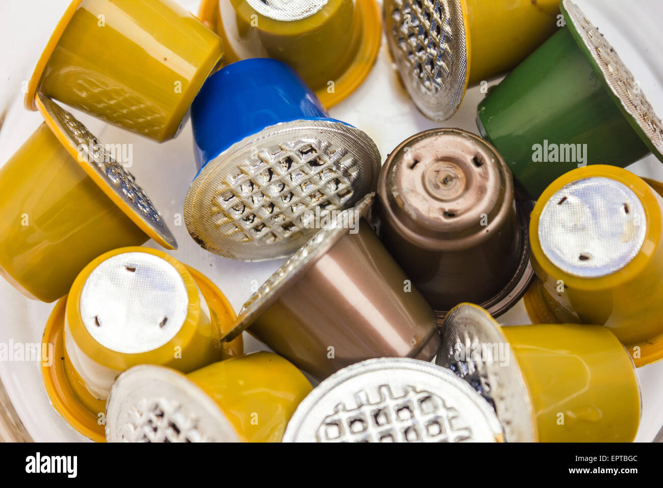 Spent or used empty Nespresso capsules, coffee capsules, aluminium ...