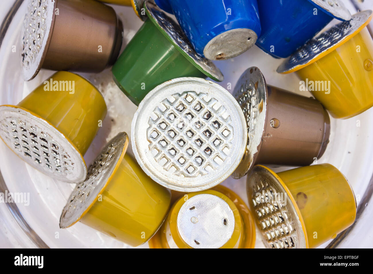 Spent or used empty Nespresso capsules, coffee capsules, aluminium ...