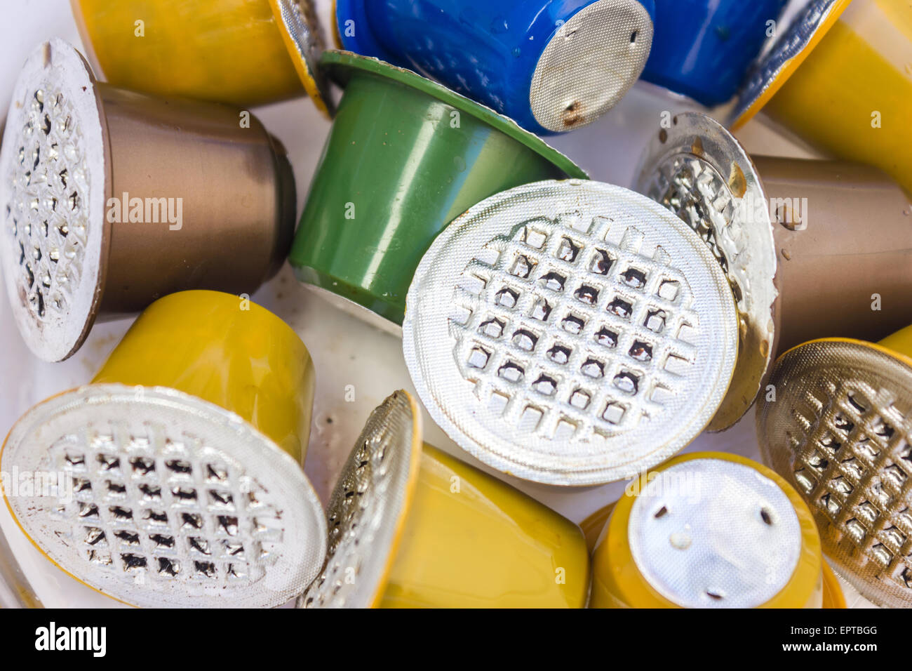 Spent or used empty Nespresso capsules, coffee capsules, aluminium ...