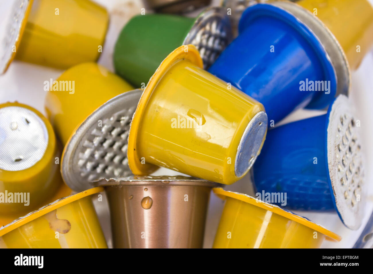 Spent or used empty Nespresso capsules, coffee capsules, aluminium ...
