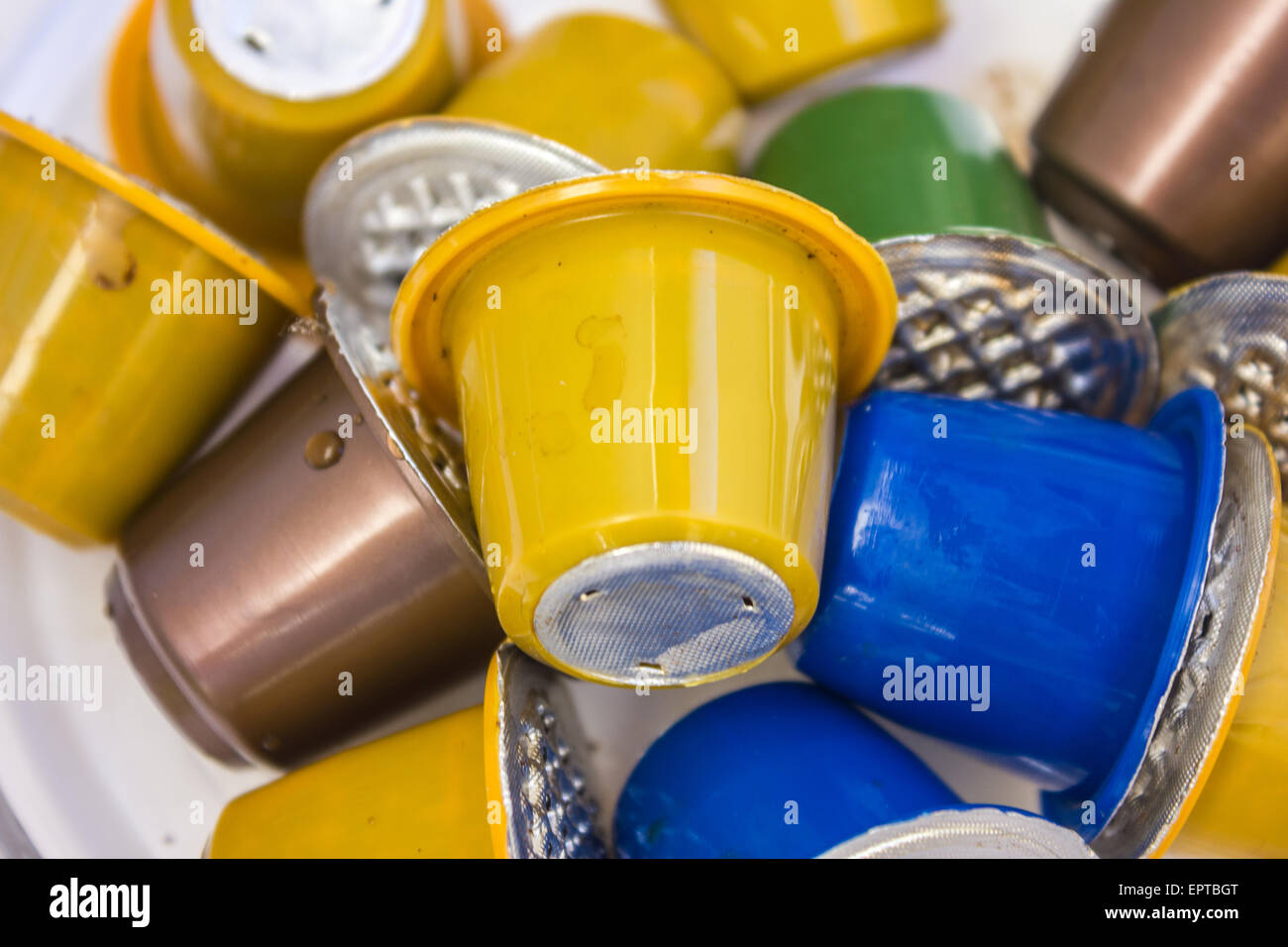 Spent or used empty Nespresso capsules, coffee capsules, aluminium ...