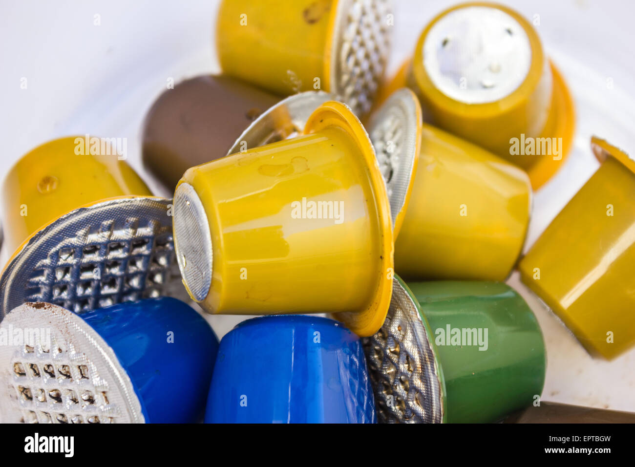 Spent or used empty Nespresso capsules, coffee capsules, aluminium ...