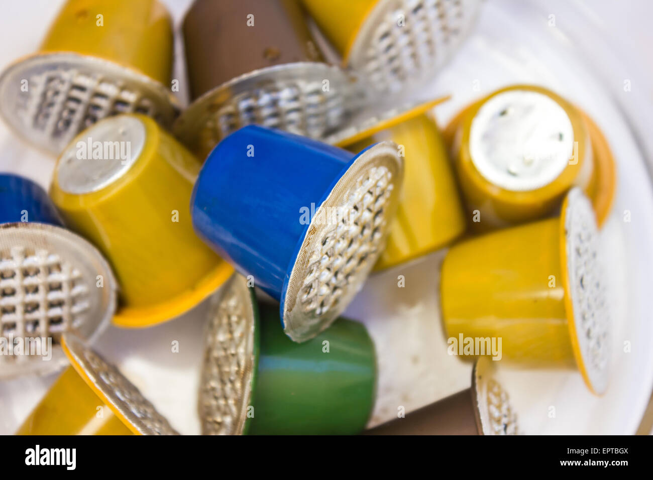 Spent or used empty Nespresso capsules, coffee capsules, aluminium ...