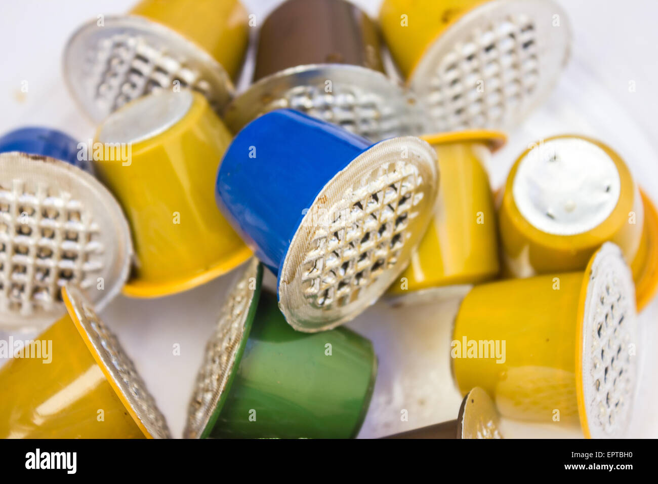 Spent or used empty Nespresso capsules, coffee capsules, aluminium ...