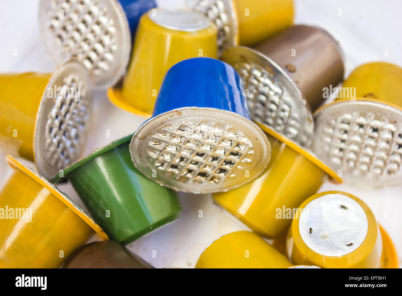Spent or used empty Nespresso capsules, coffee capsules, aluminium ...