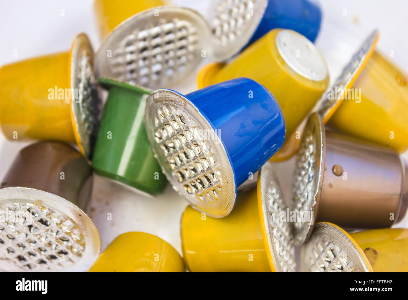 Spent or used empty Nespresso capsules, coffee capsules, aluminium ...