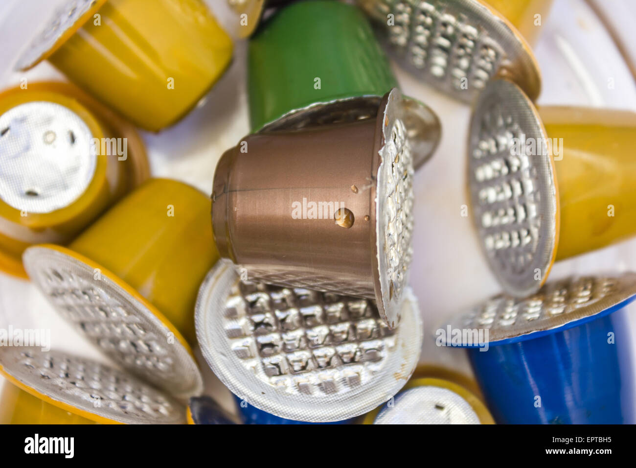 Spent or used empty Nespresso capsules, coffee capsules, aluminium ...
