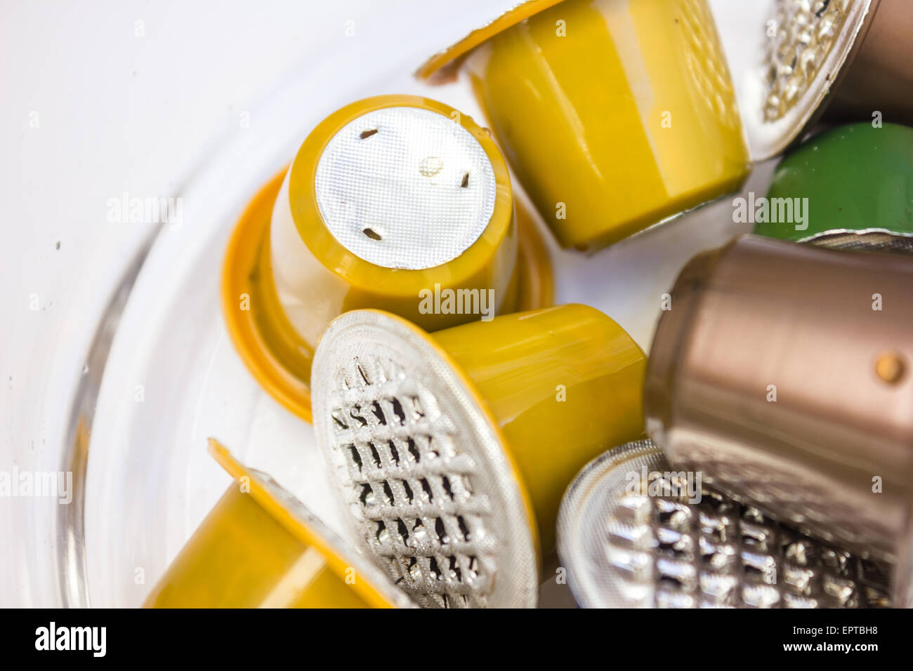 Spent or used empty Nespresso capsules, coffee capsules, aluminium ...
