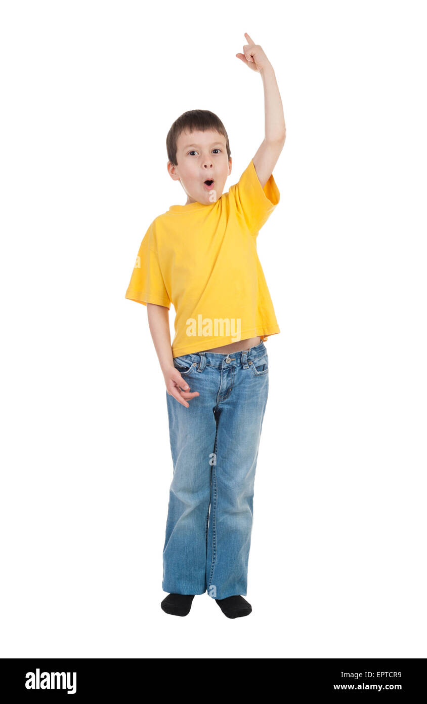 boy in yellow shirt show finger Stock Photo - Alamy