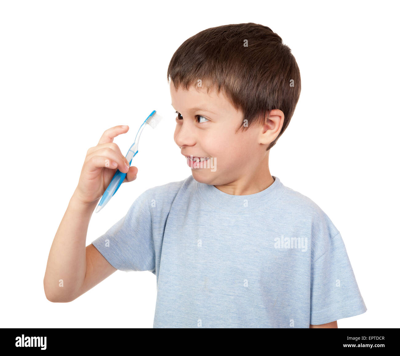 grimacing boy portrait on white background Stock Photo - Alamy