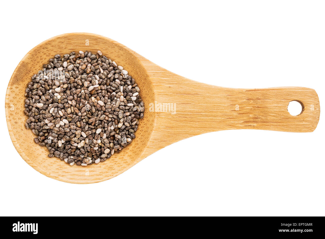 chia seeds on a small wooden spoon isolated on white with a clipping ...