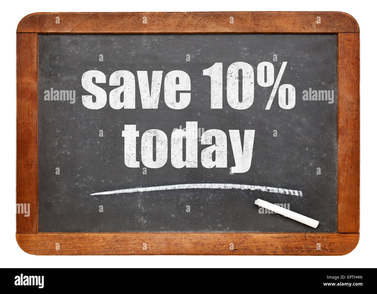 Save 10% today,. Promotion text on a vintage slate blackboard Stock ...