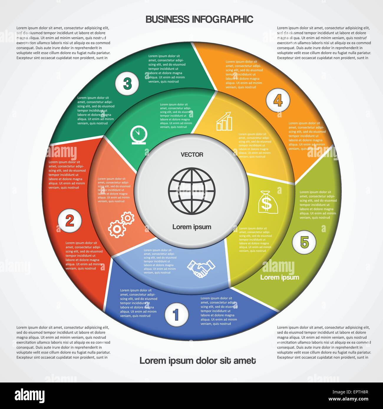 Business circular infographic template with text areas on five ...